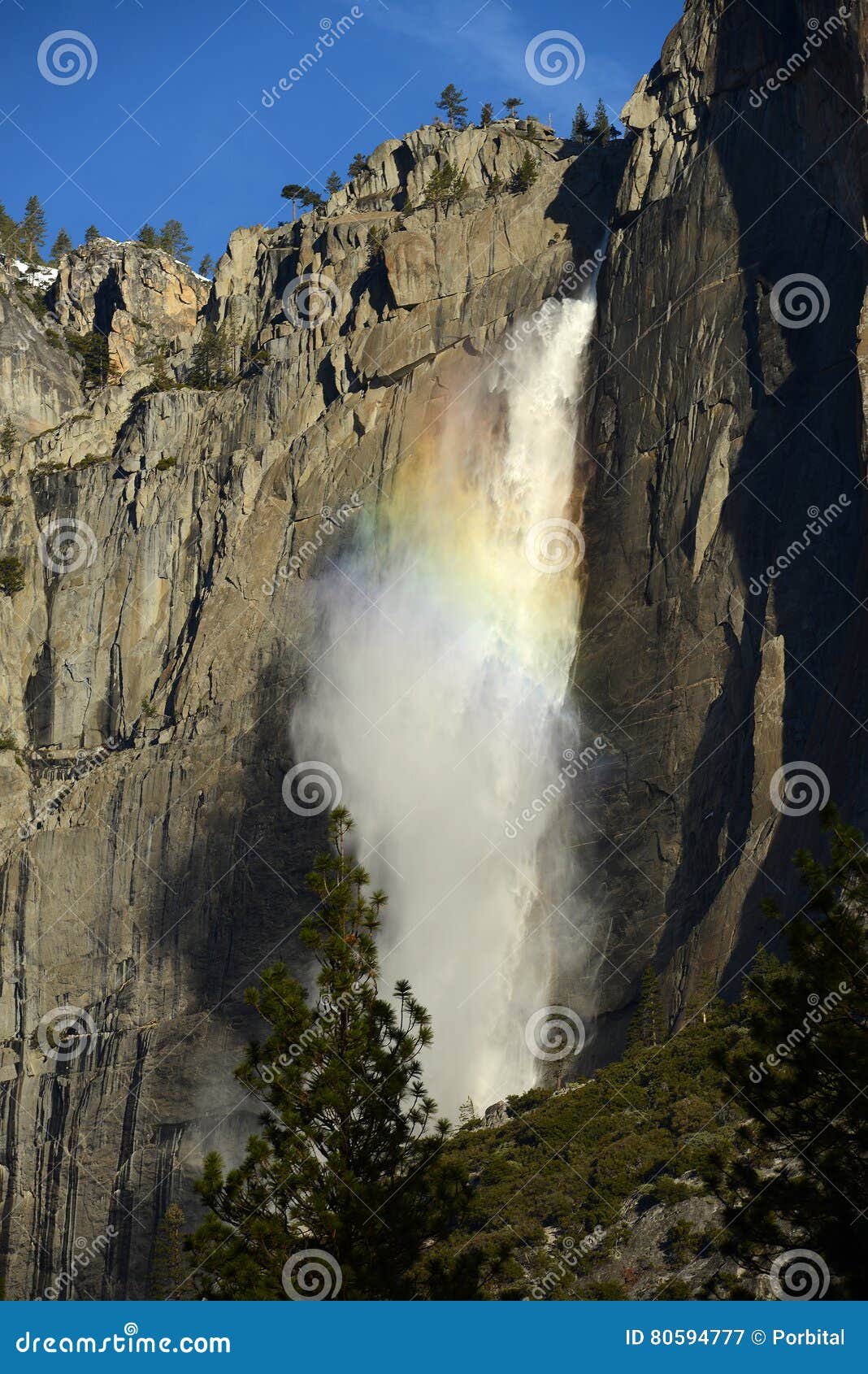 Yosemite falls rainbow stock image. Image of landscape - 80594777