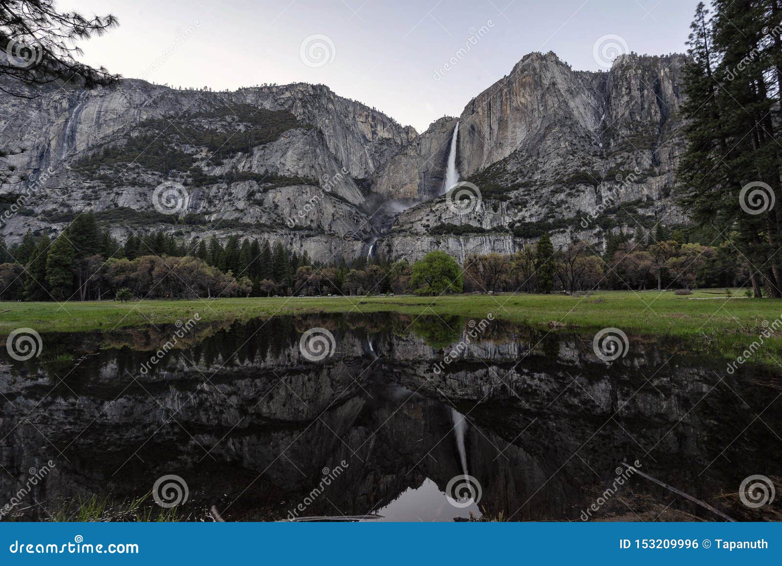 Yosemite Falls and Reflection on Merced River, El Capitan Meadow ...