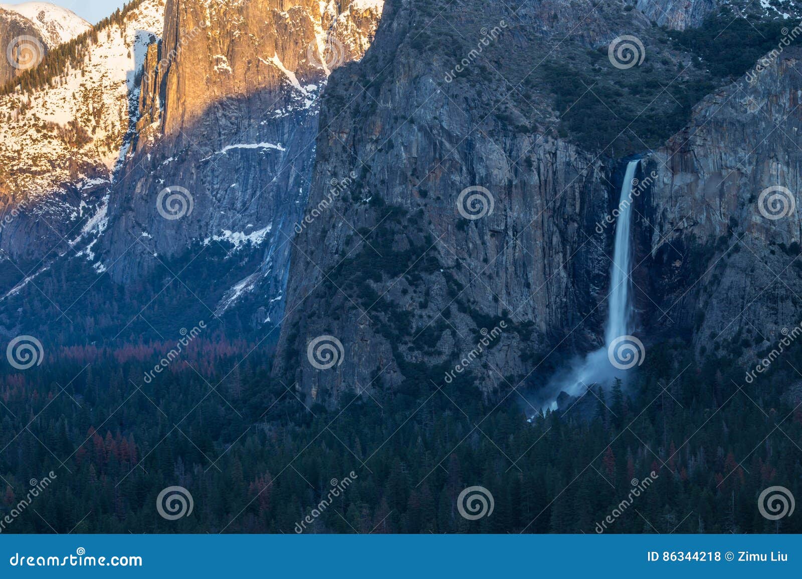 Yosemite Falls in Winter at Sunset Stock Photo - Image of boardwalk ...