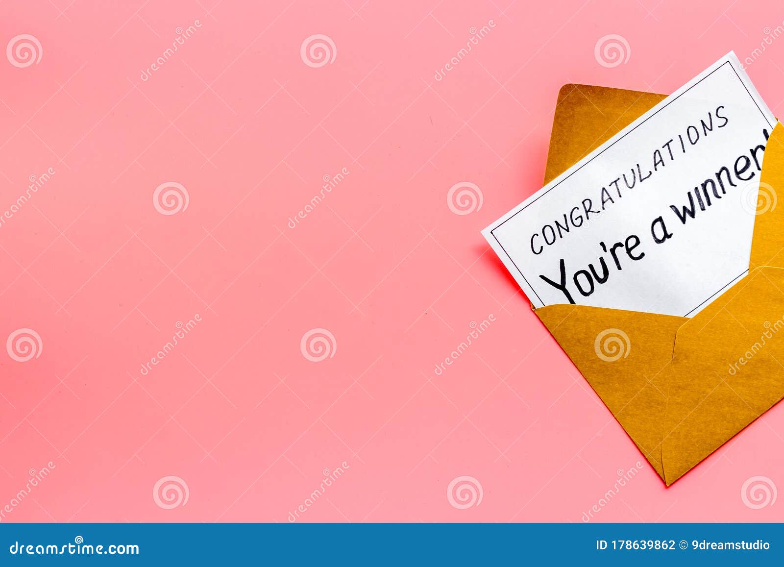 You`re a Winner. Envelope with Congratulation Card on Pink Table Top ...