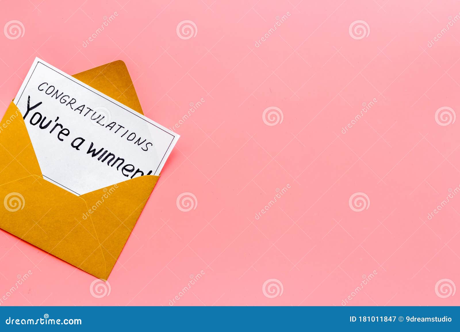 You`re a Winner. Envelope with Congratulation Card on Pink Table Top ...