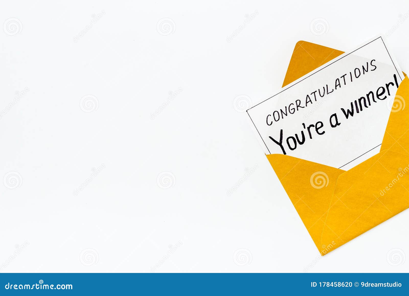 You`re a Winner. Envelope with Congratulation Card on White Table Top ...