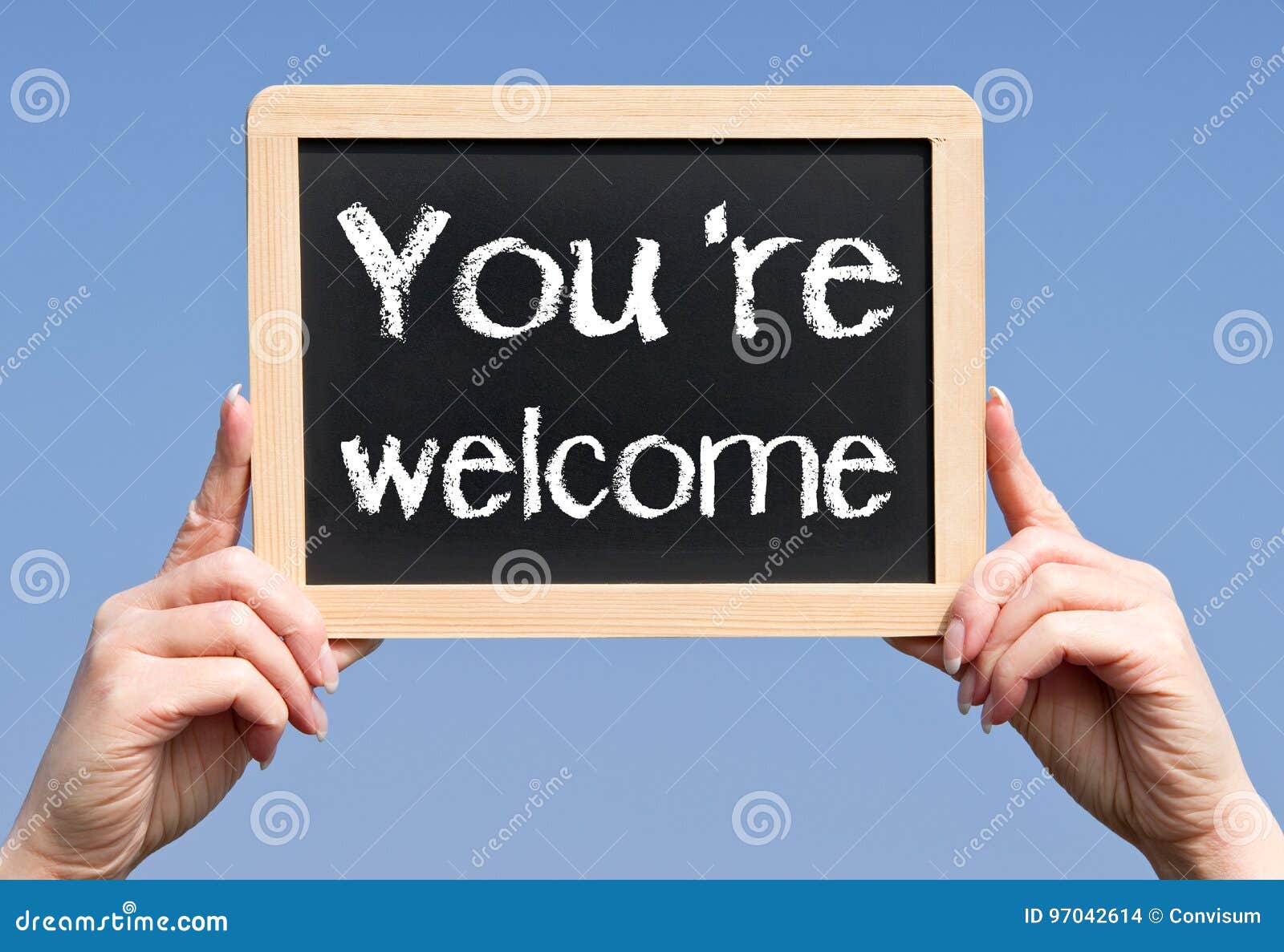 You are Welcome - Female Hands with Chalkboard and Text Stock Photo ...
