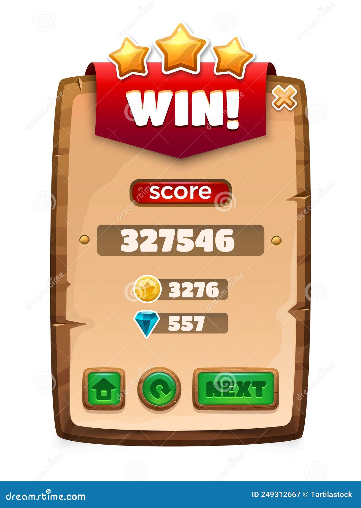 You Win Game Banner. Cartoon Level Complete Interface Panel with Score ...