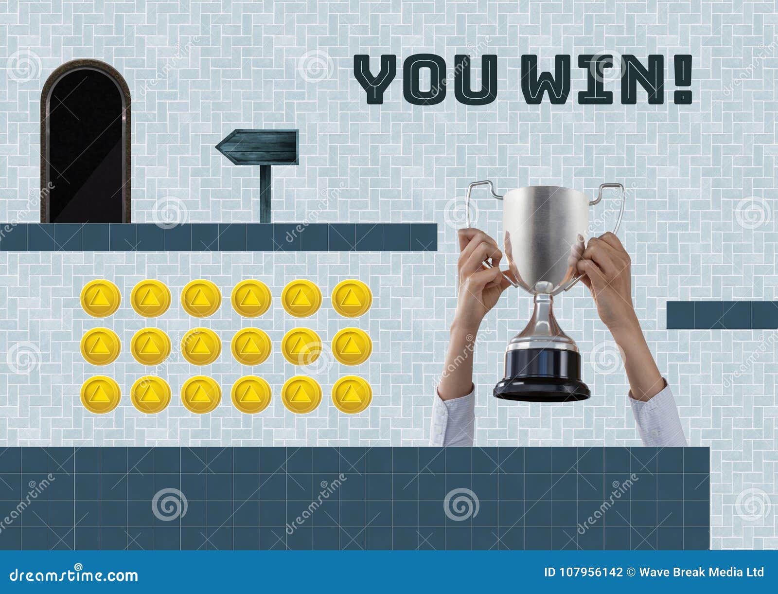 You Win and Trophy in Computer Game Level with Coins Stock Illustration ...