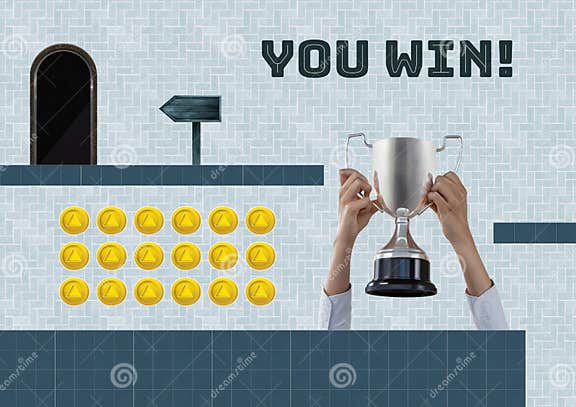 You Win and Trophy in Computer Game Level with Coins Stock Illustration ...