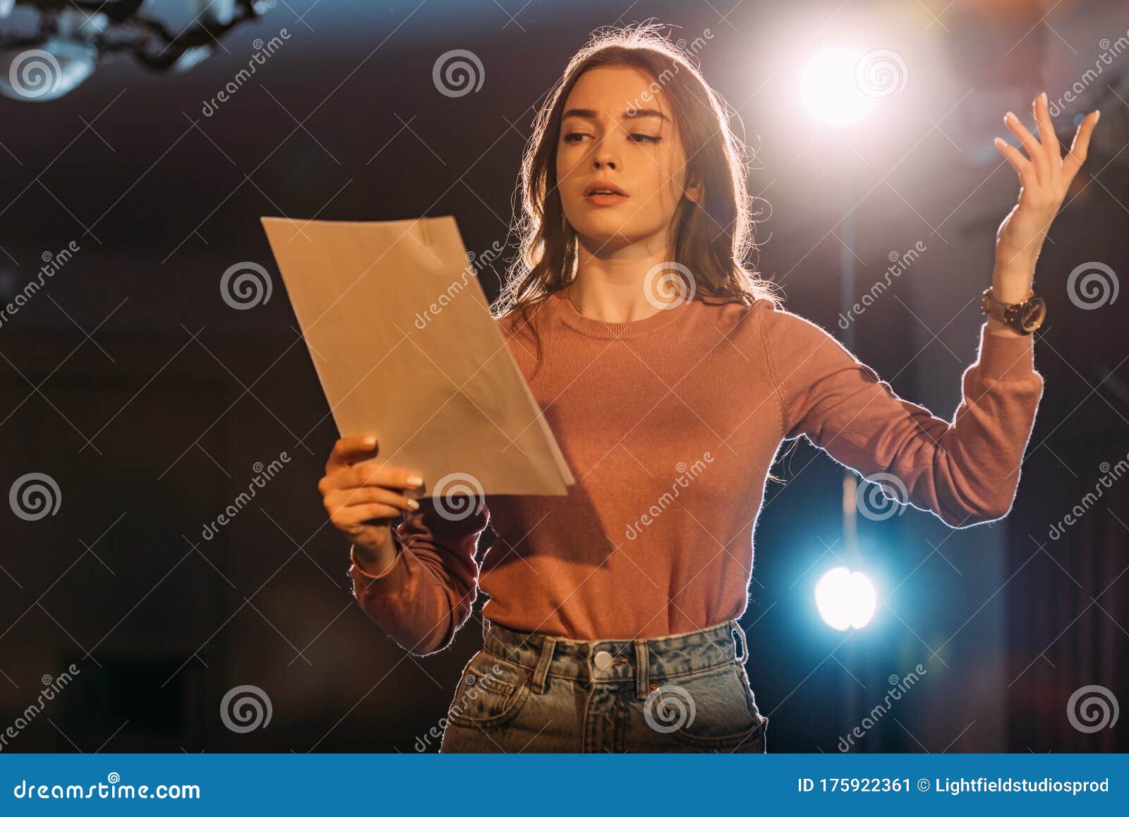 Actress Reading Scenario on Stage in Stock Image - Image of characters ...