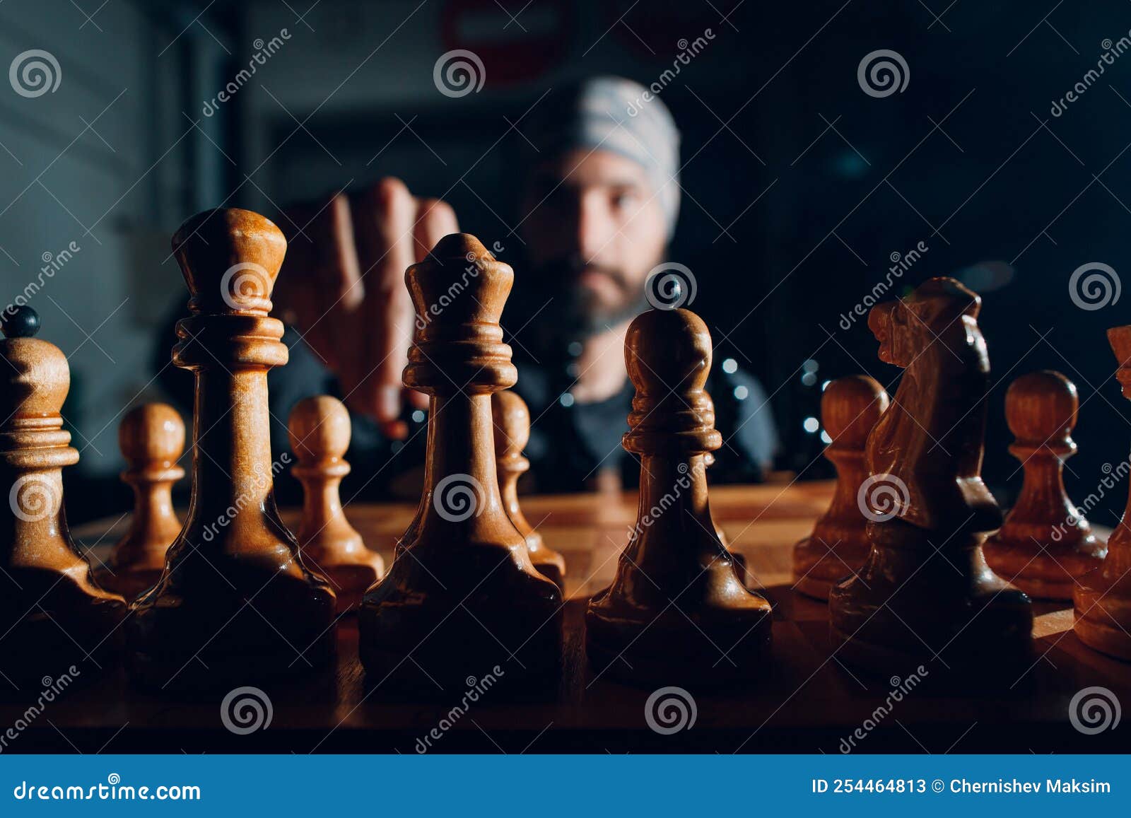 Young Adult Handsome Man Playing Chess in Dark with Side Lit Stock ...