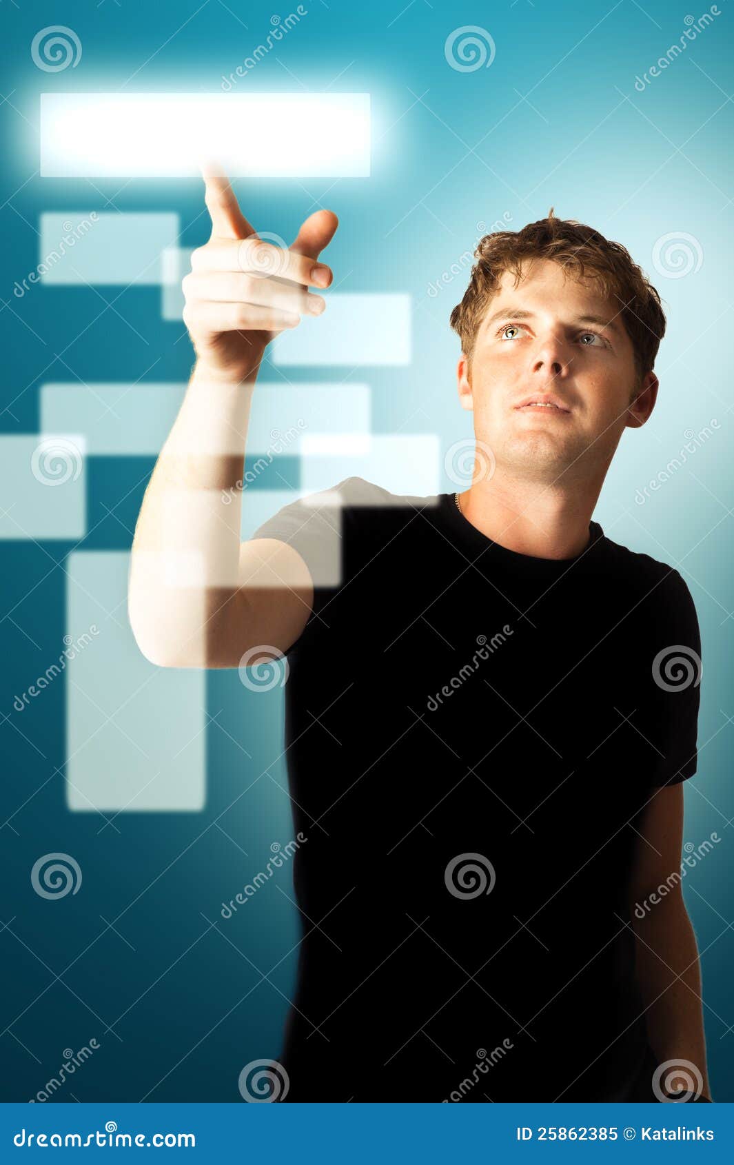 Young Adult Man Pushing Button Stock Image - Image of buttons, desktop ...