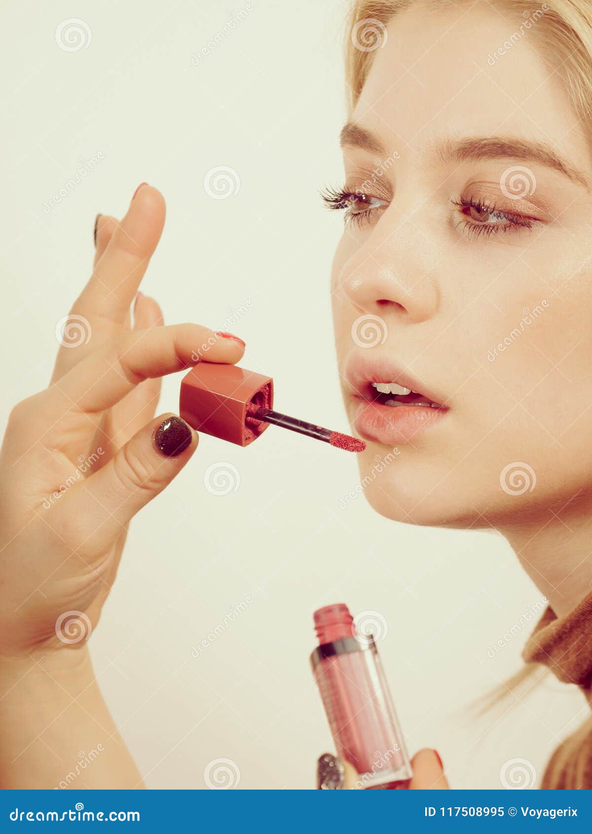 Woman Applying Lipstick Or Lip Gloss Stock Image Image Of Perfect