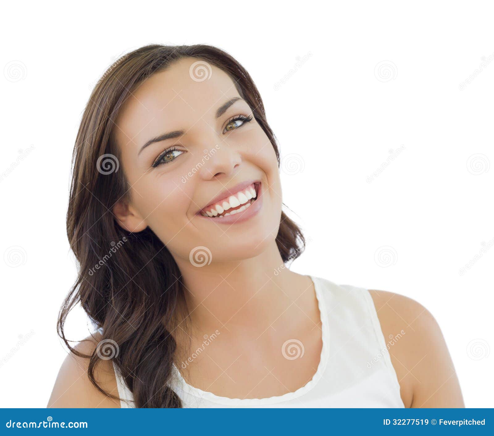 Headshot Portrait Of Happy Ginger Girl With Freckles Smiling Looking At