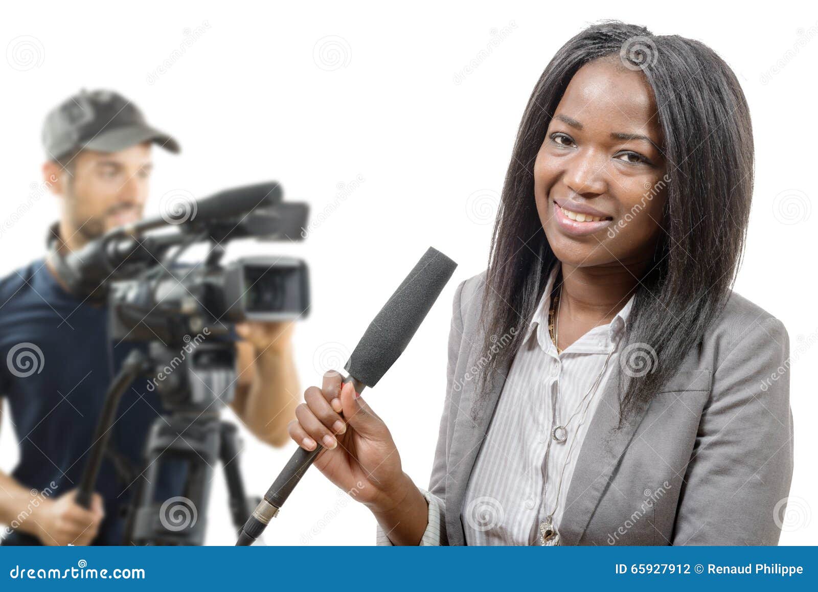 Young African American Journalist with a Microphone and a Camera Stock ...