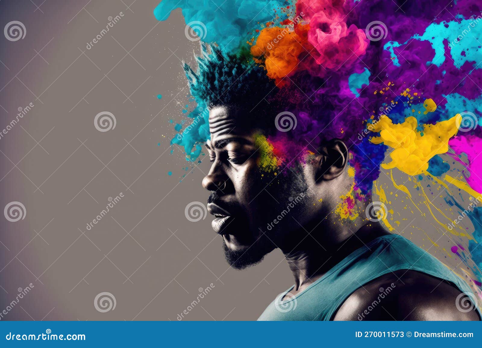 Young African American Man with His Head Exploding in Colorful Paint ...