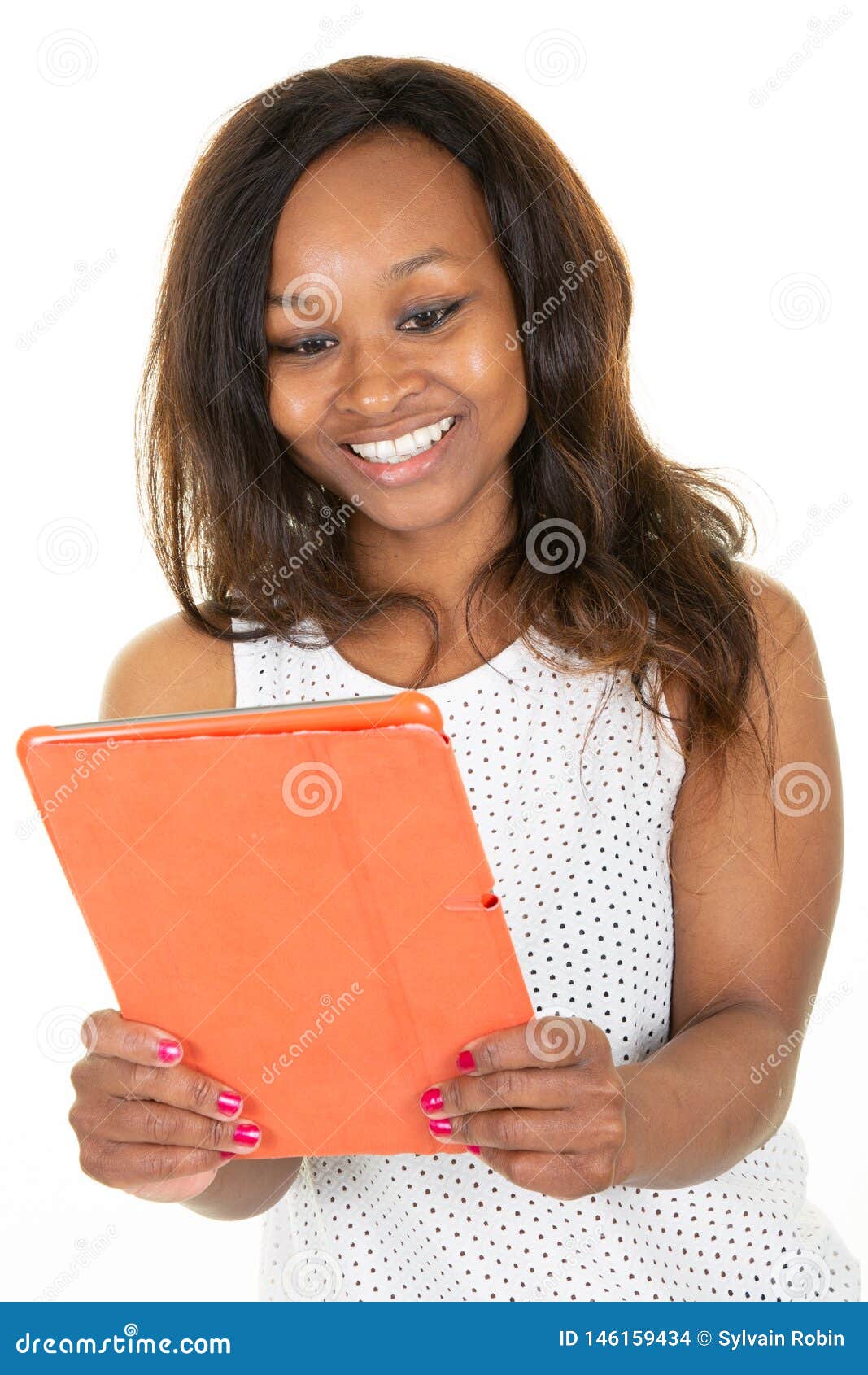 Young African American Woman Using Tablet Computer Smile Stock Photo ...