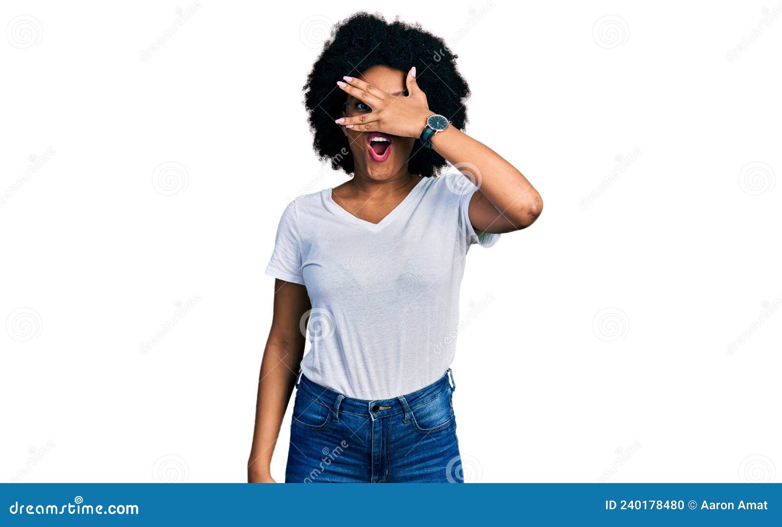 Young African American Woman Wearing Casual White T Shirt Peeking In