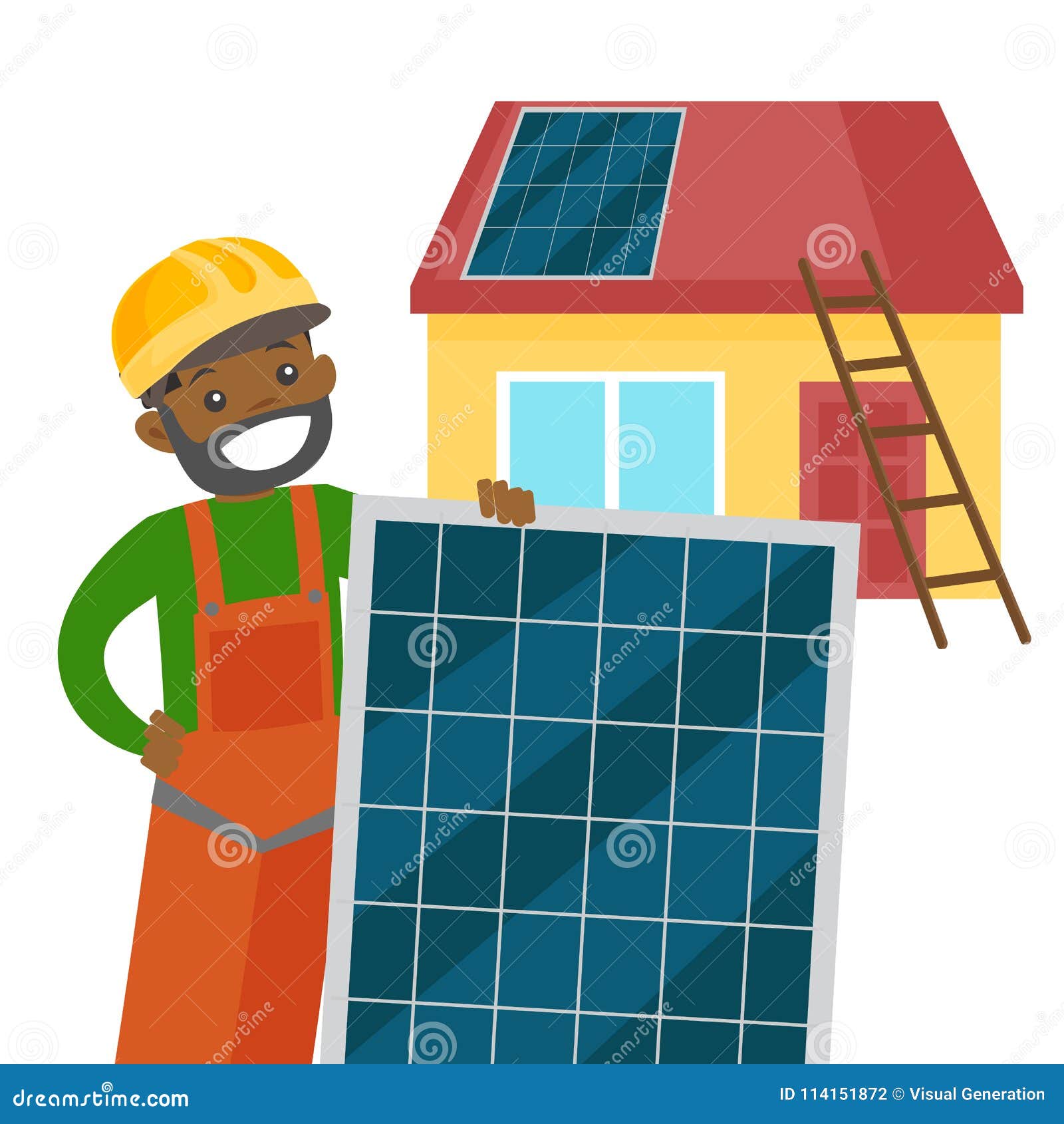 Young African Constructor Installing Solar Panel. Stock Vector ...