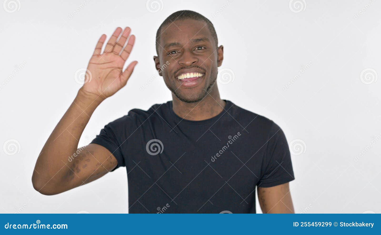 Young African Man Waving, Welcoming on White Background Stock Image ...