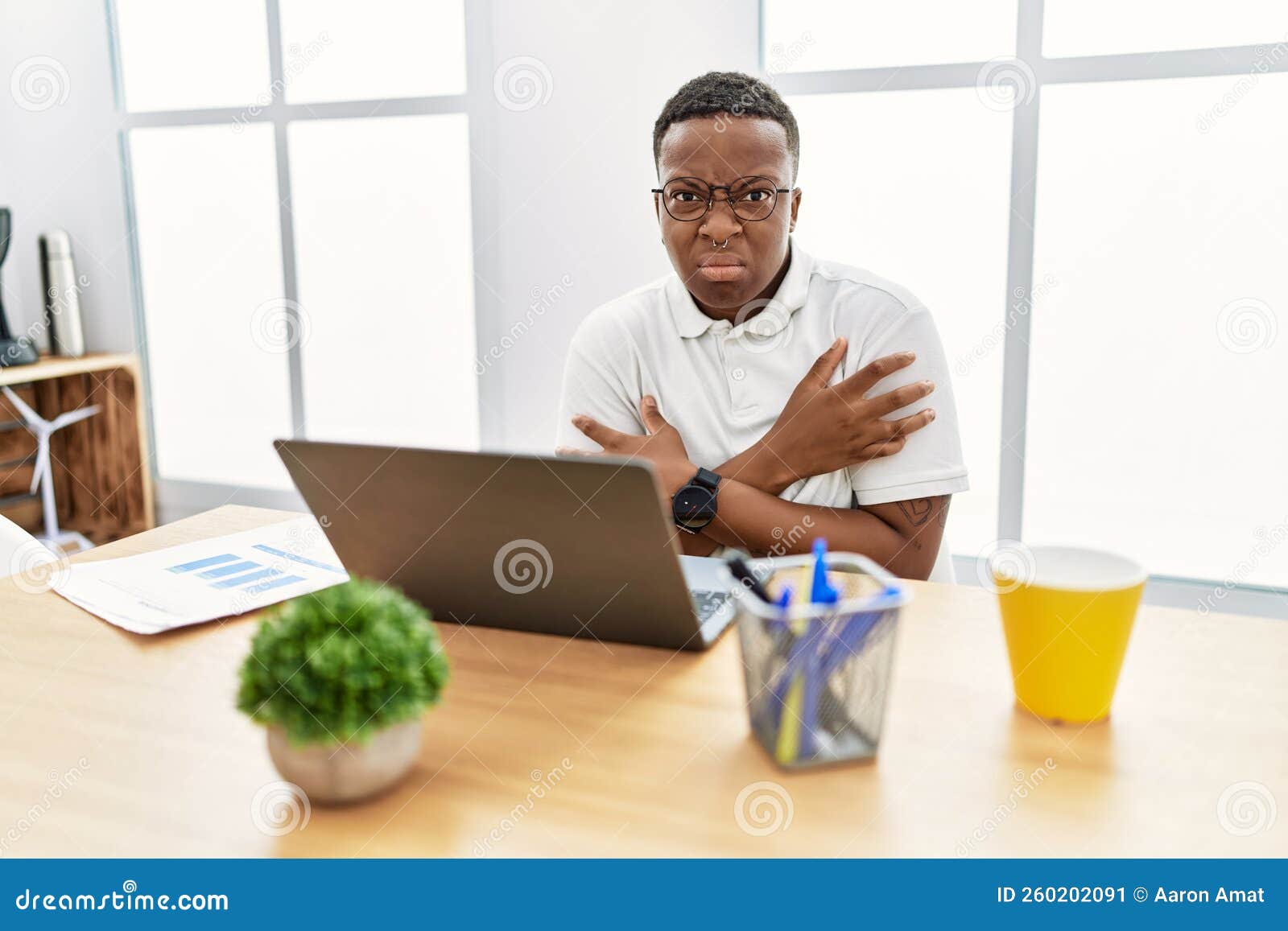 Young African Man Working at the Office Using Computer Laptop Shaking ...