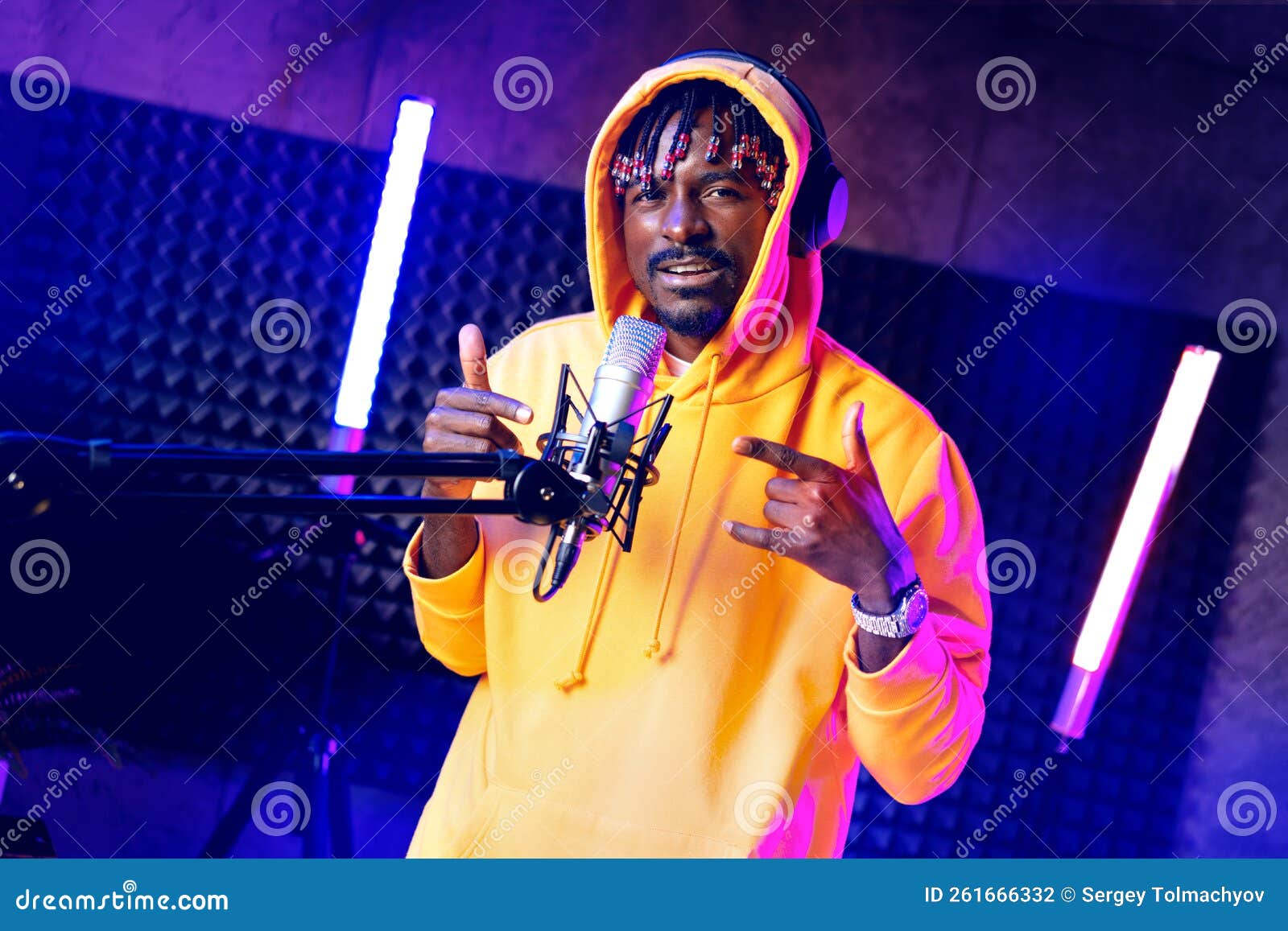 Young African Performer Recording His New Track in Recording Studio ...