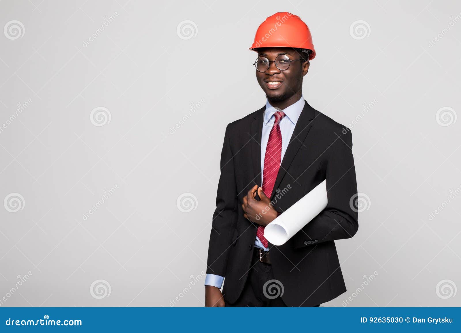 Young Afro-American Engineer with Blueprints on White Background Stock ...