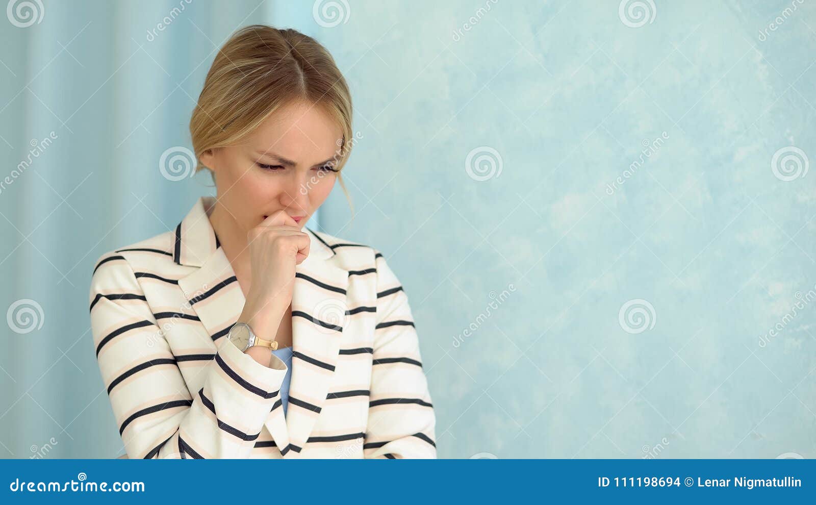 Young Alarmed Woman in a Striped Jacket. Close-up Stock Photo - Image ...