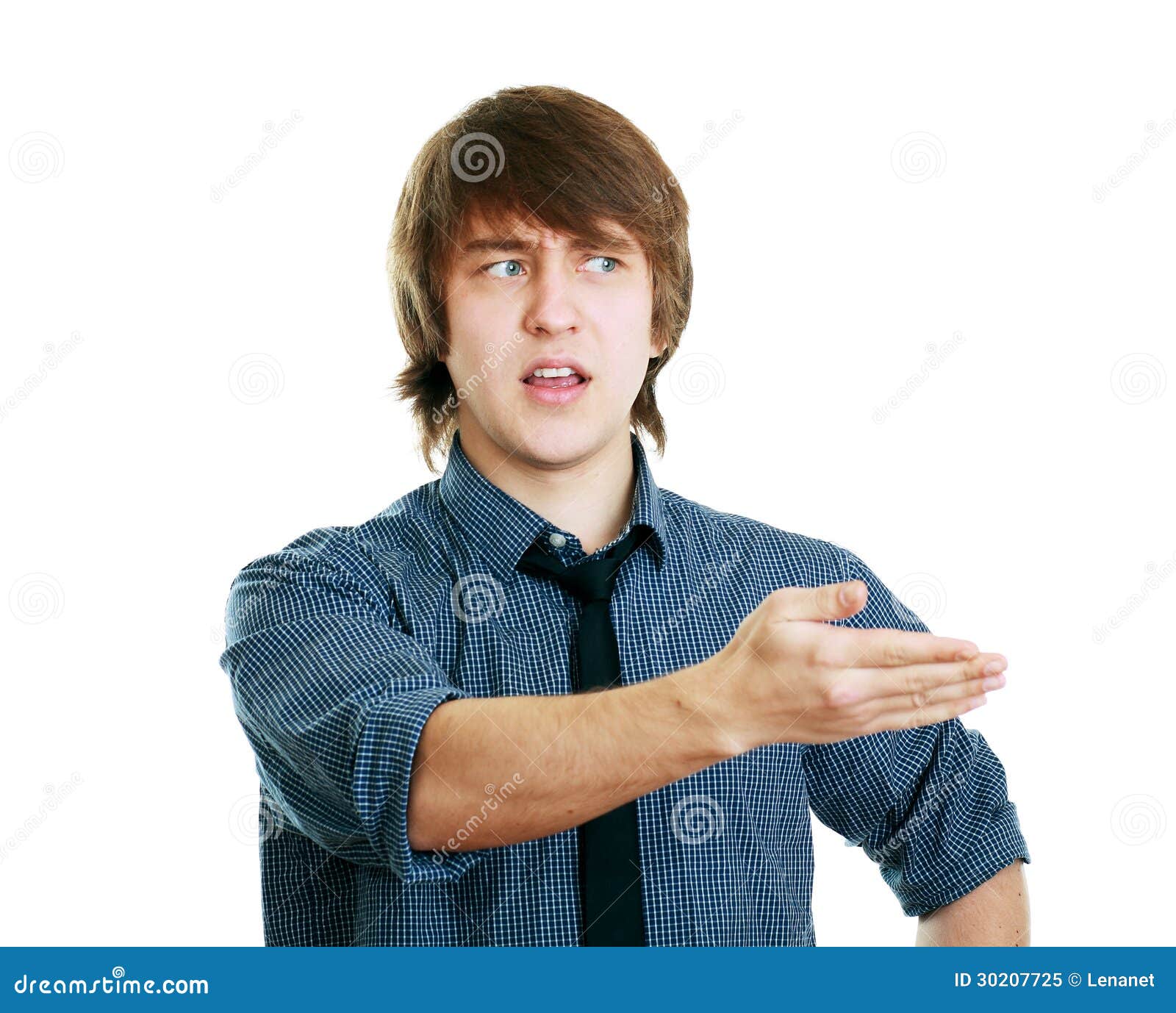 Angry Male Shows Rude Gesture On A Gray Background Stock Photography ...