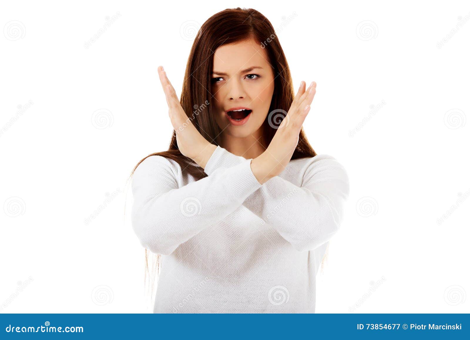 Young Angry Screaming Woman Gesturing Stop Sign Stock Image - Image of ...
