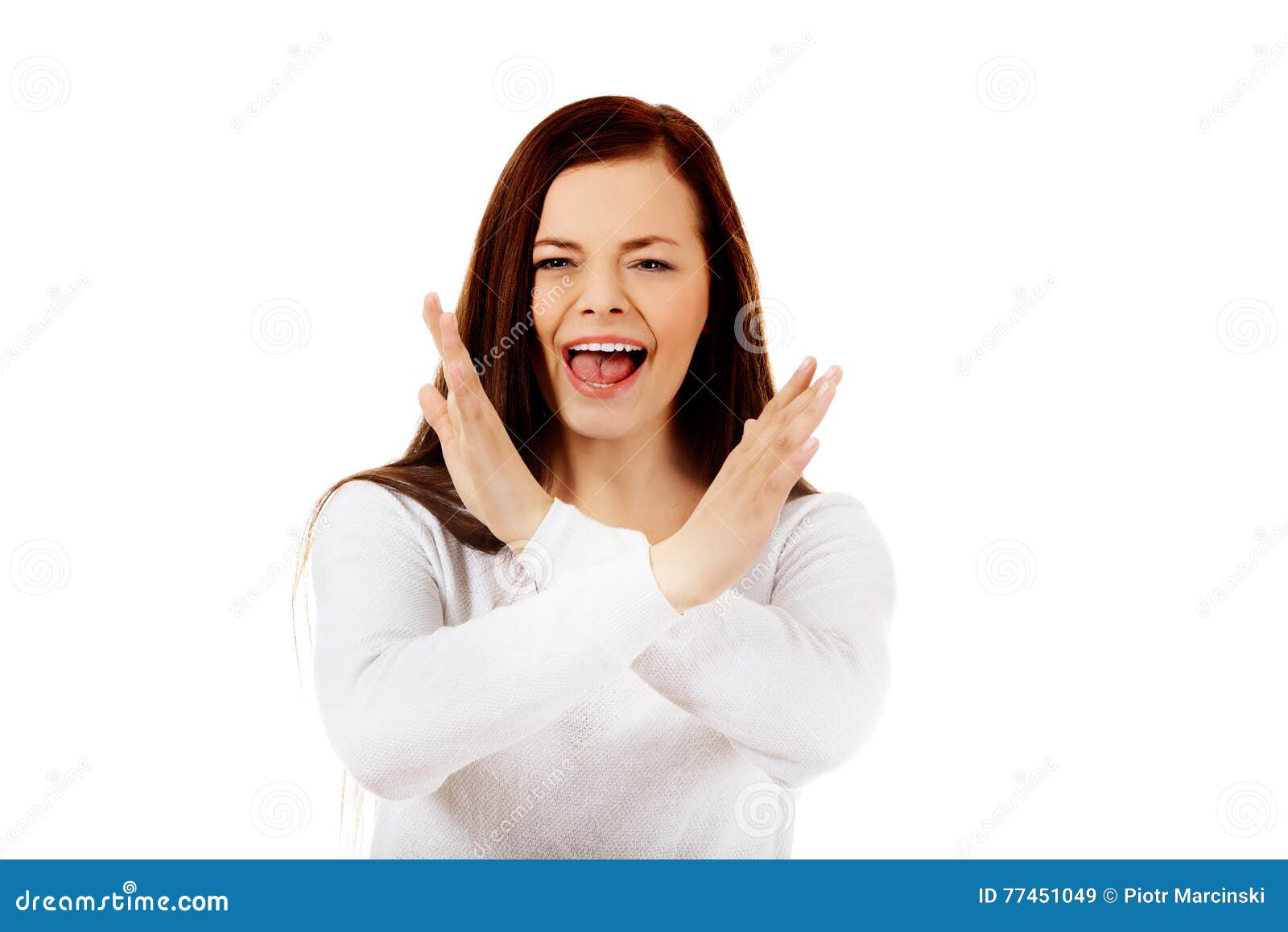 Young Angry Screaming Woman Gesturing Stop Sign Stock Image - Image of ...