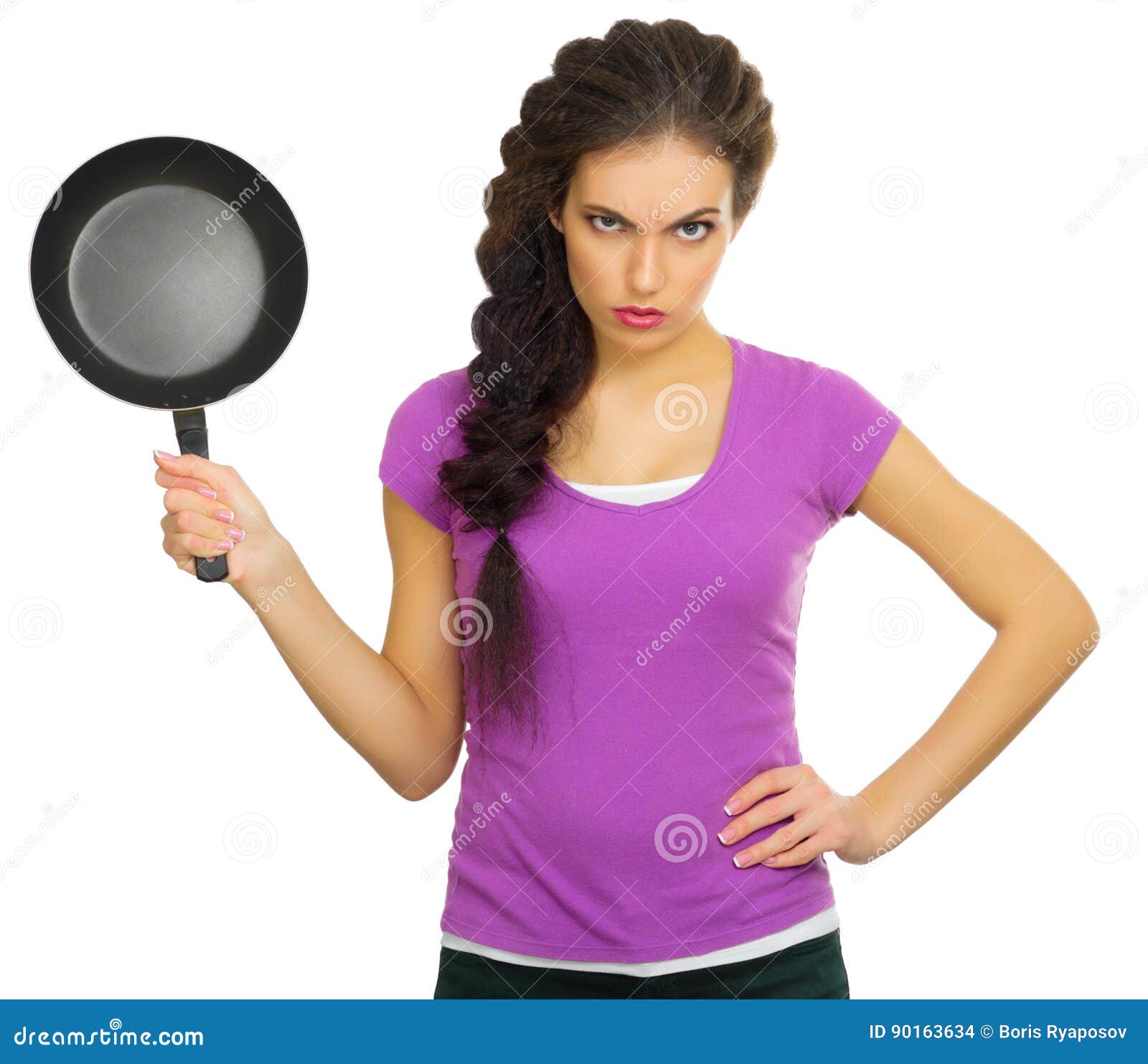 Young angry woman with pan stock photo. Image of copy - 90163634