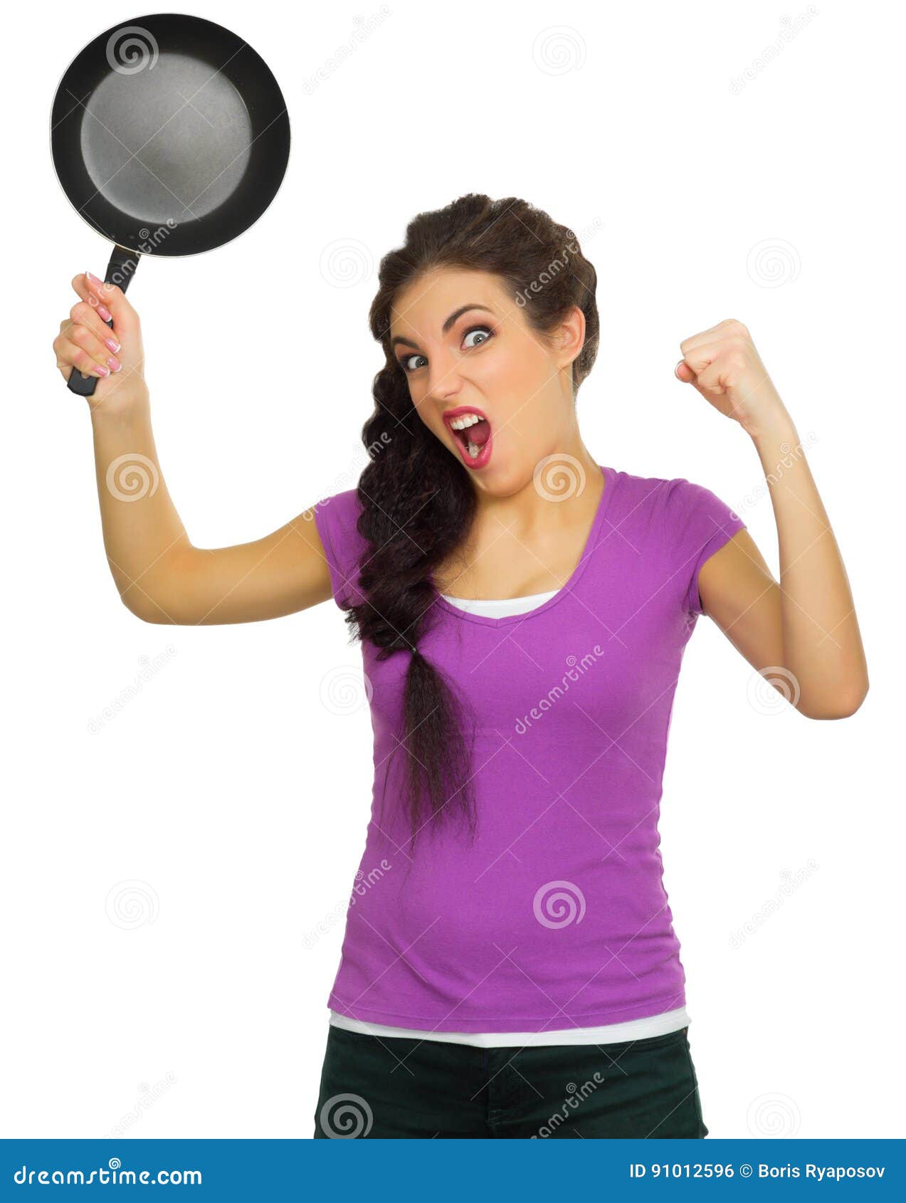 Young Angry Woman with Pan Isolated Stock Photo - Image of furious ...