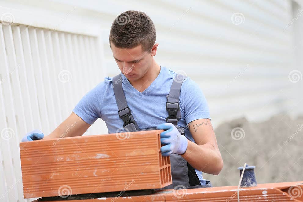 Young Apprentice in Brick Laying Working Stock Image - Image of trainee ...