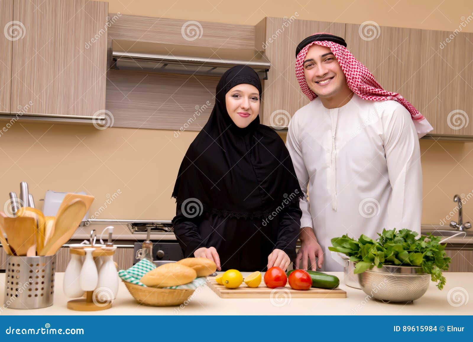 The Young Arab Family in the Kitchen Stock Photo - Image of bowl ...