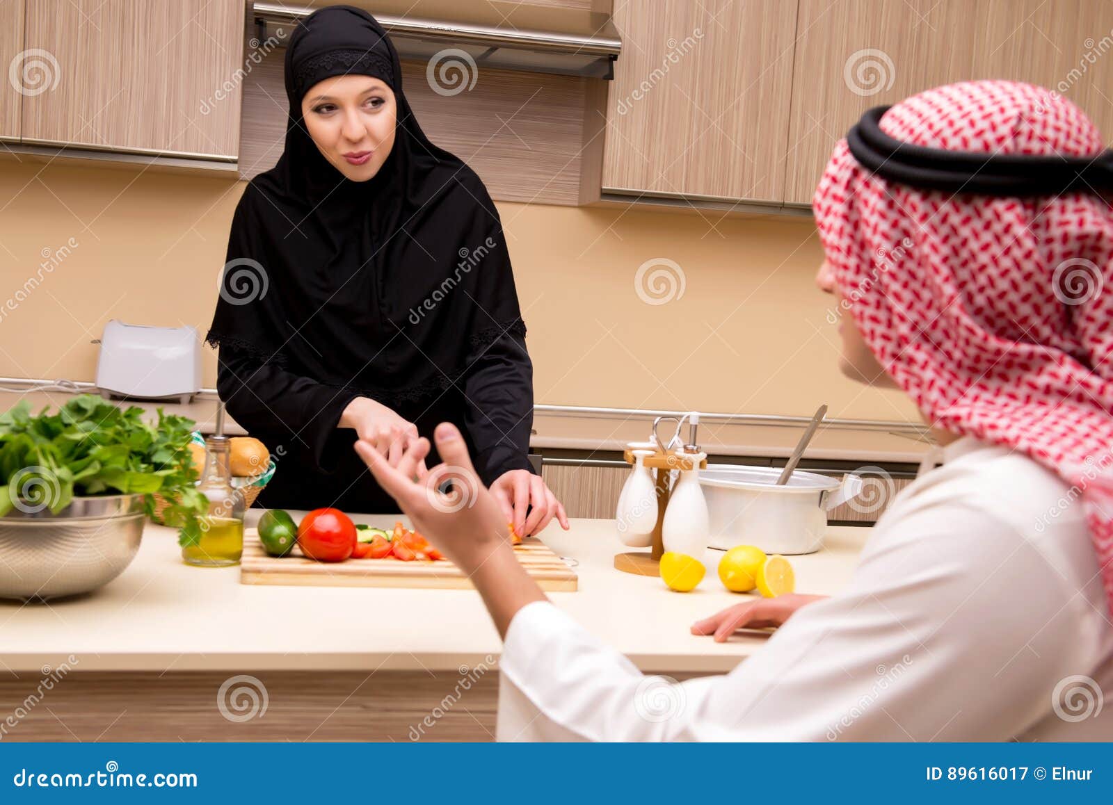 The Young Arab Family in the Kitchen Stock Image - Image of male ...