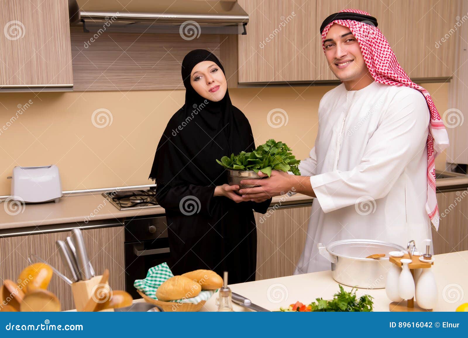 The Young Arab Family in the Kitchen Stock Photo - Image of halal ...
