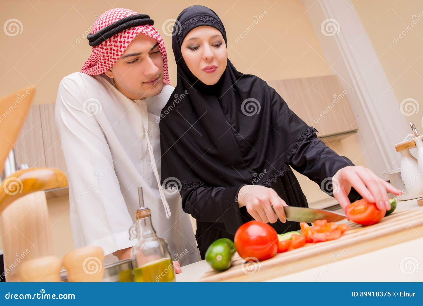The Young Arab Family in the Kitchen Stock Image - Image of cooking ...