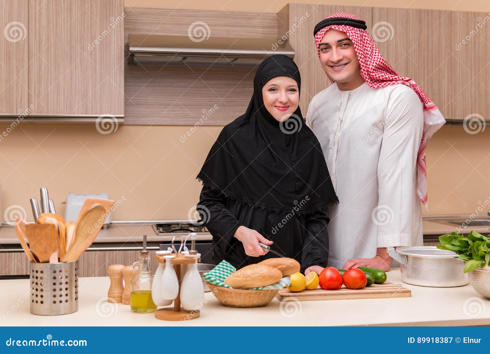 The Young Arab Family in the Kitchen Stock Image - Image of female ...