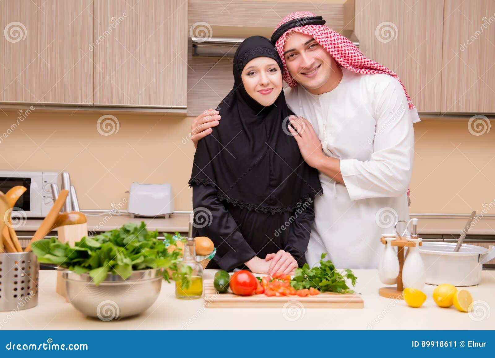 The Young Arab Family in the Kitchen Stock Image - Image of family ...