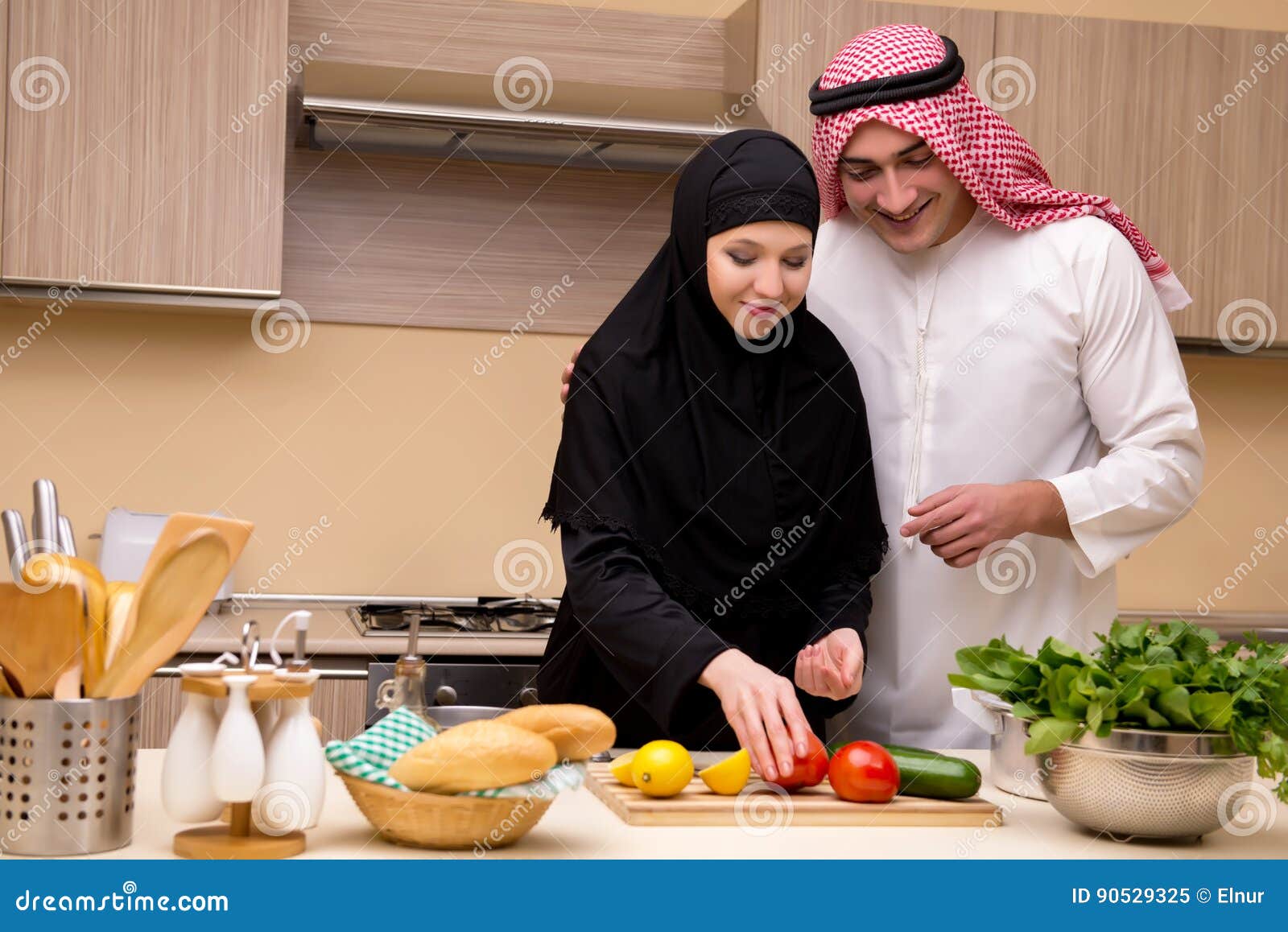 The Young Arab Family in the Kitchen Stock Image - Image of helping ...