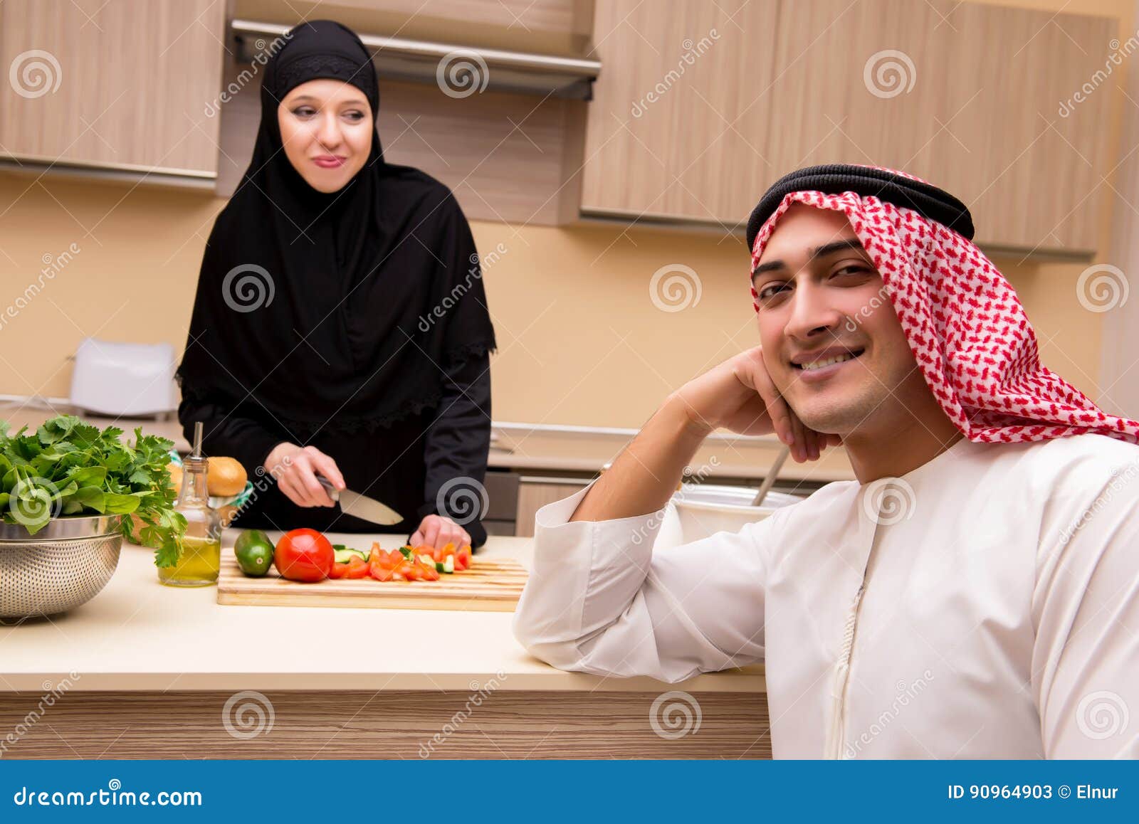 The Young Arab Family in the Kitchen Stock Image - Image of islamic ...
