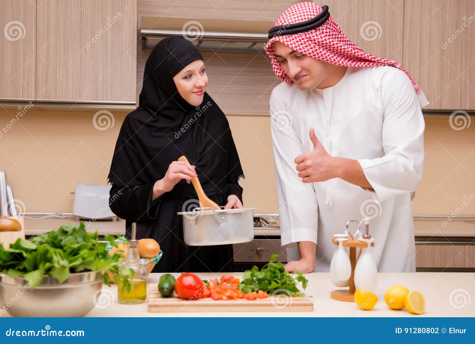 The Young Arab Family in the Kitchen Stock Photo - Image of cooking ...