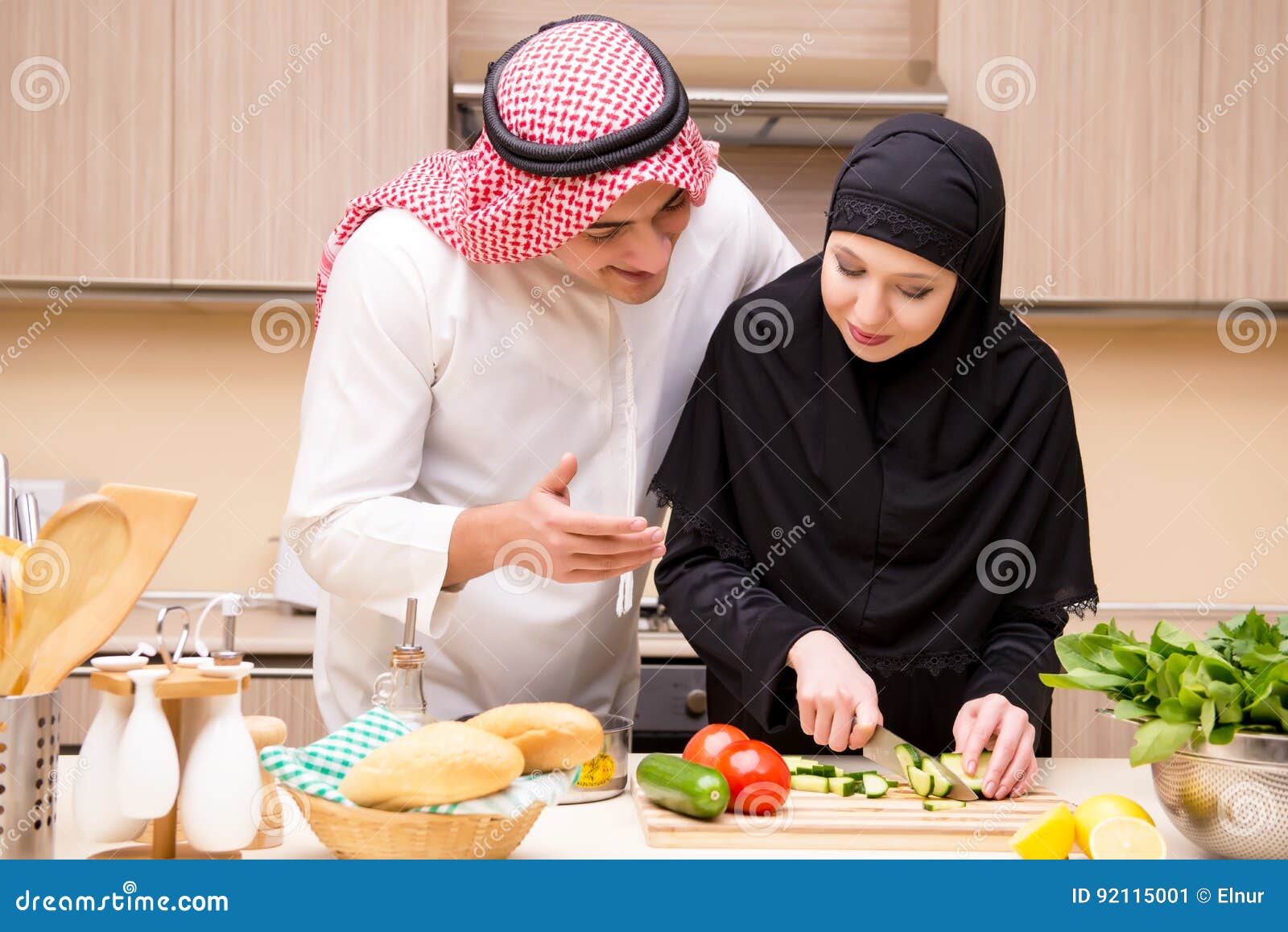 The Young Arab Family in the Kitchen Stock Image - Image of husband ...