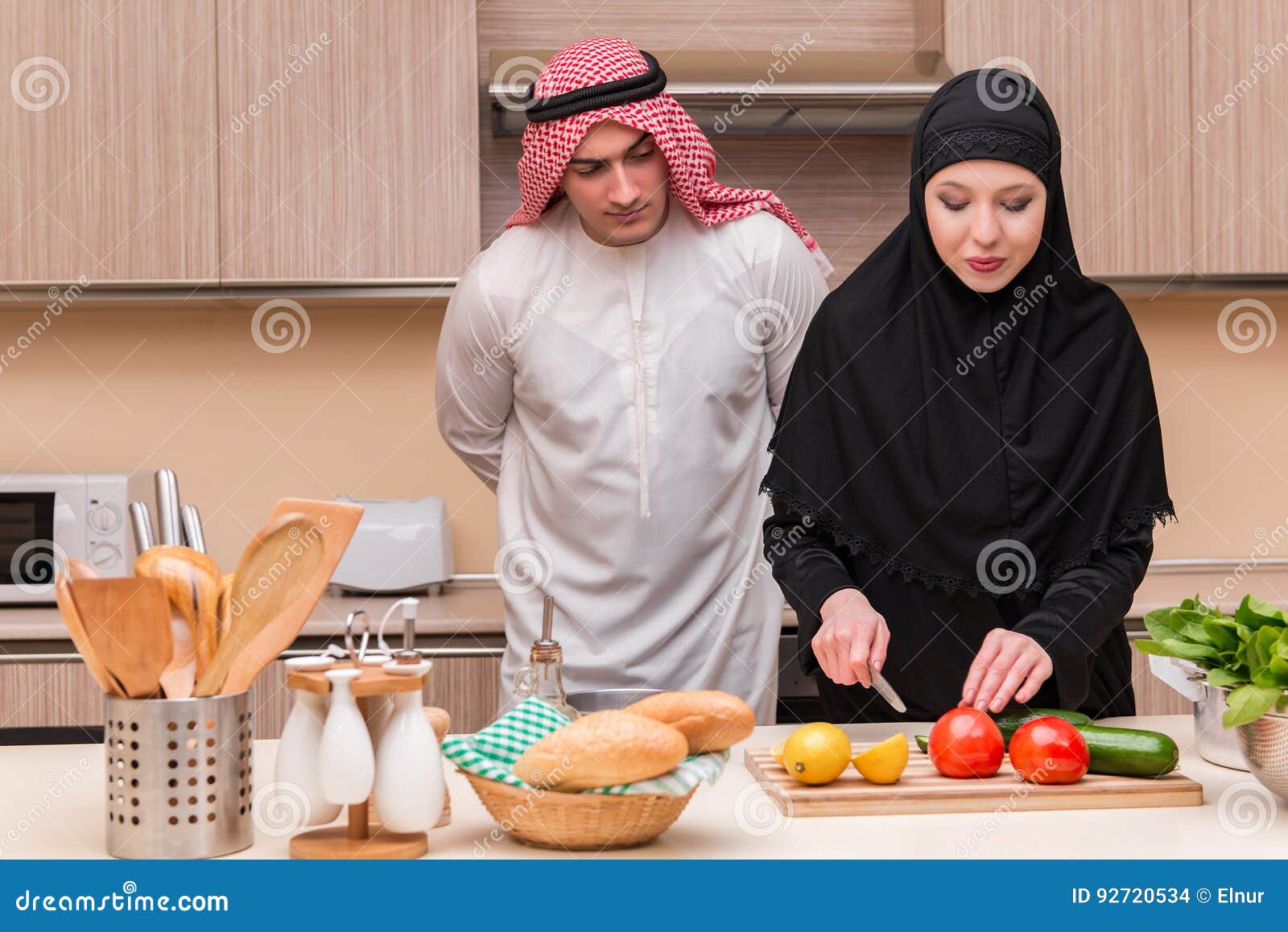 The Young Arab Family in the Kitchen Stock Photo - Image of helping ...