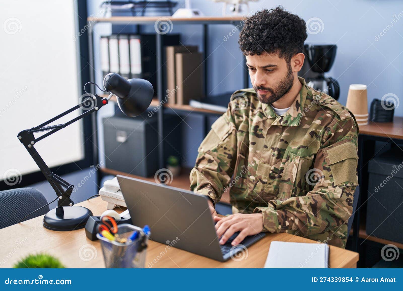 Young Arab Man Army Soldier Using Laptop Working at Office Stock Photo ...