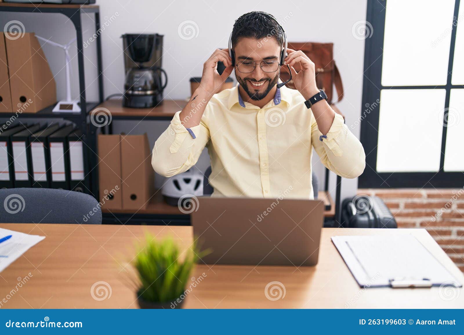 Young Arab Man Call Center Agent Smiling Confident Working at Office ...