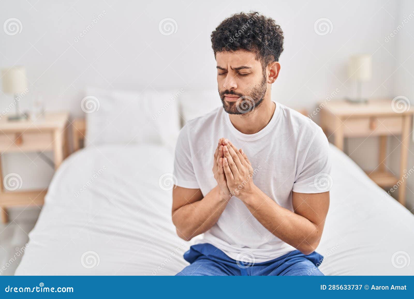 Young Arab Man Praying Sitting on Bed at Bedroom Stock Image - Image of ...