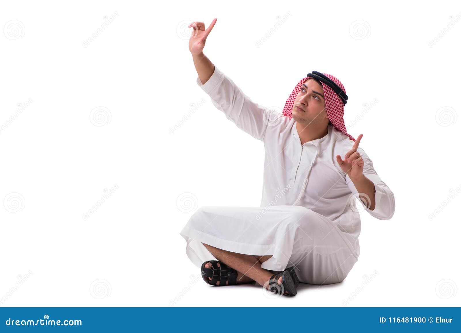 The Young Arab Man Sitting Isolated on White Stock Photo - Image of ...