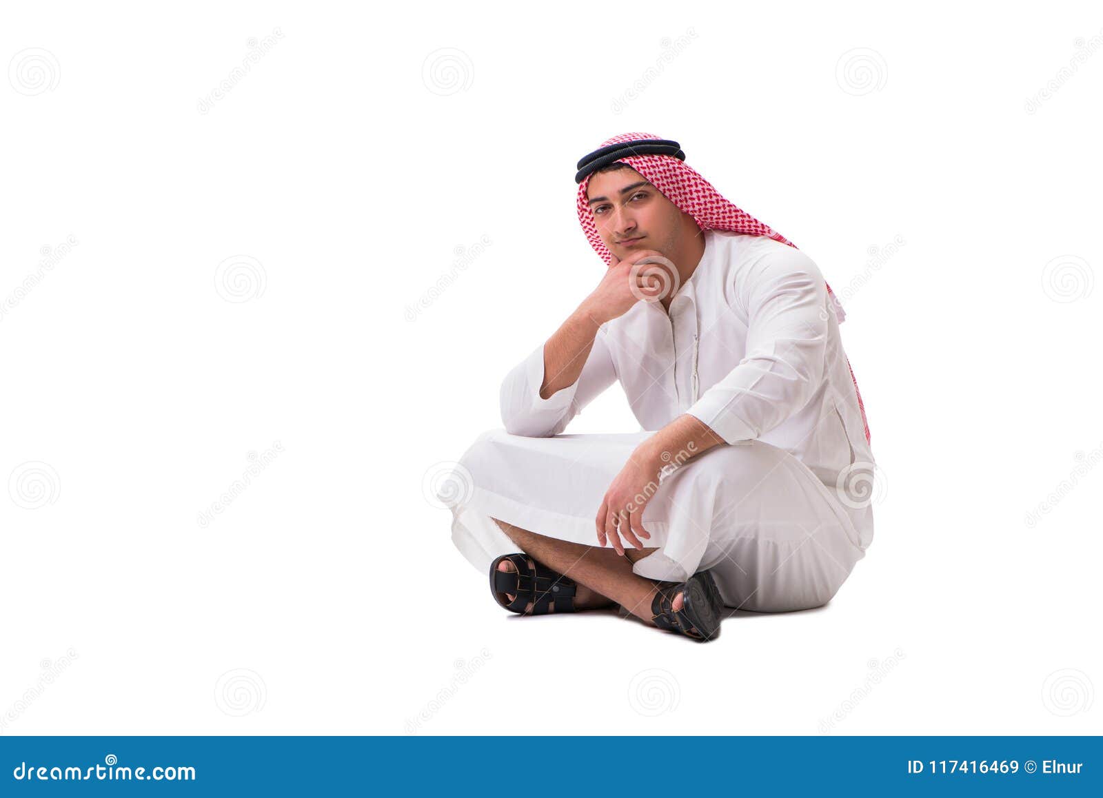 The Young Arab Man Sitting Isolated on White Stock Image - Image of ...