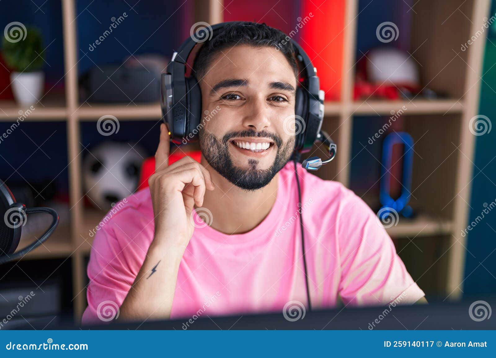 Young Arab Man Streamer Smiling Confident Sitting on Table at Gaming ...