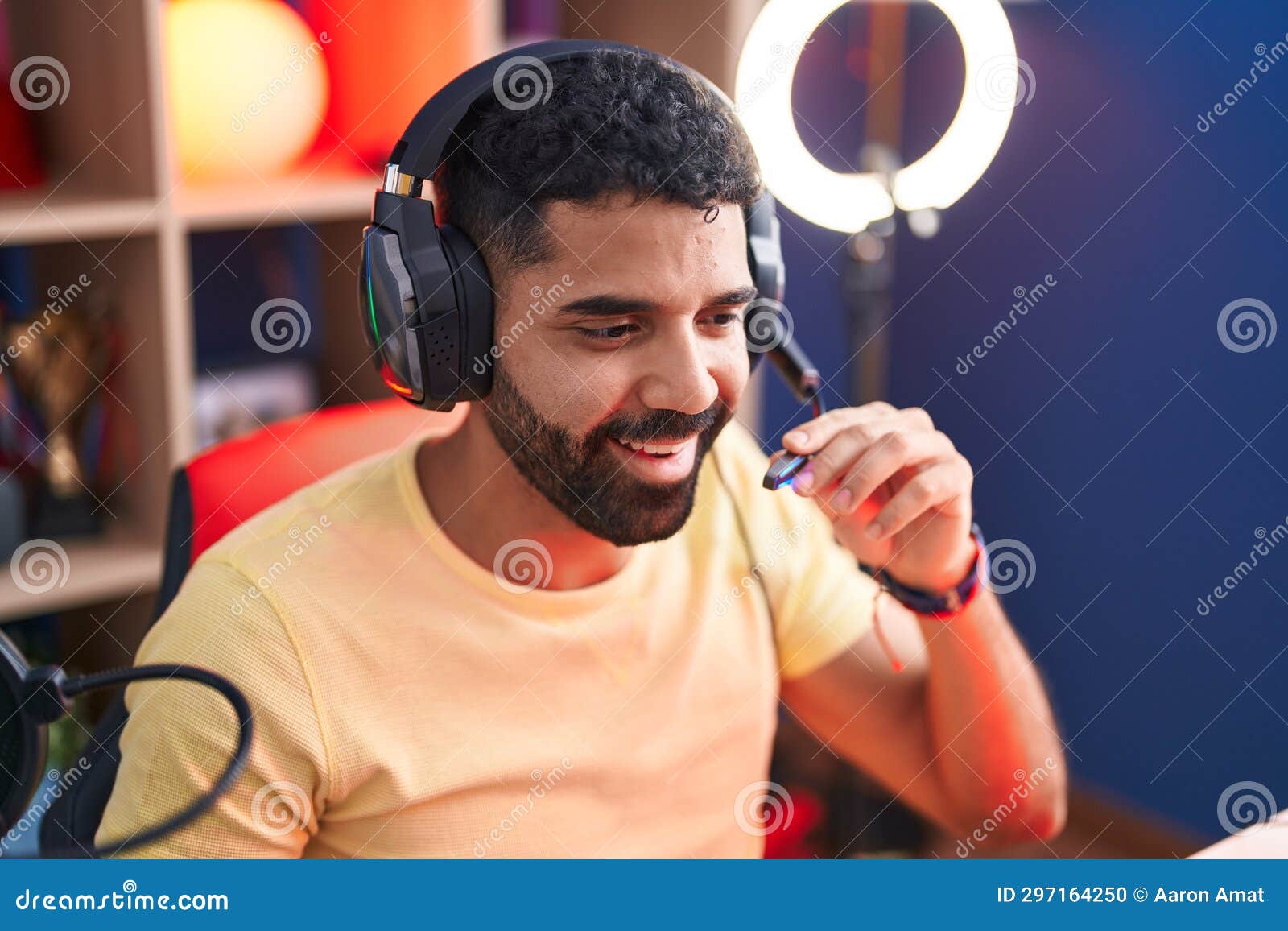 Young Arab Man Streamer Smiling Confident Speaking at Gaming Room Stock ...