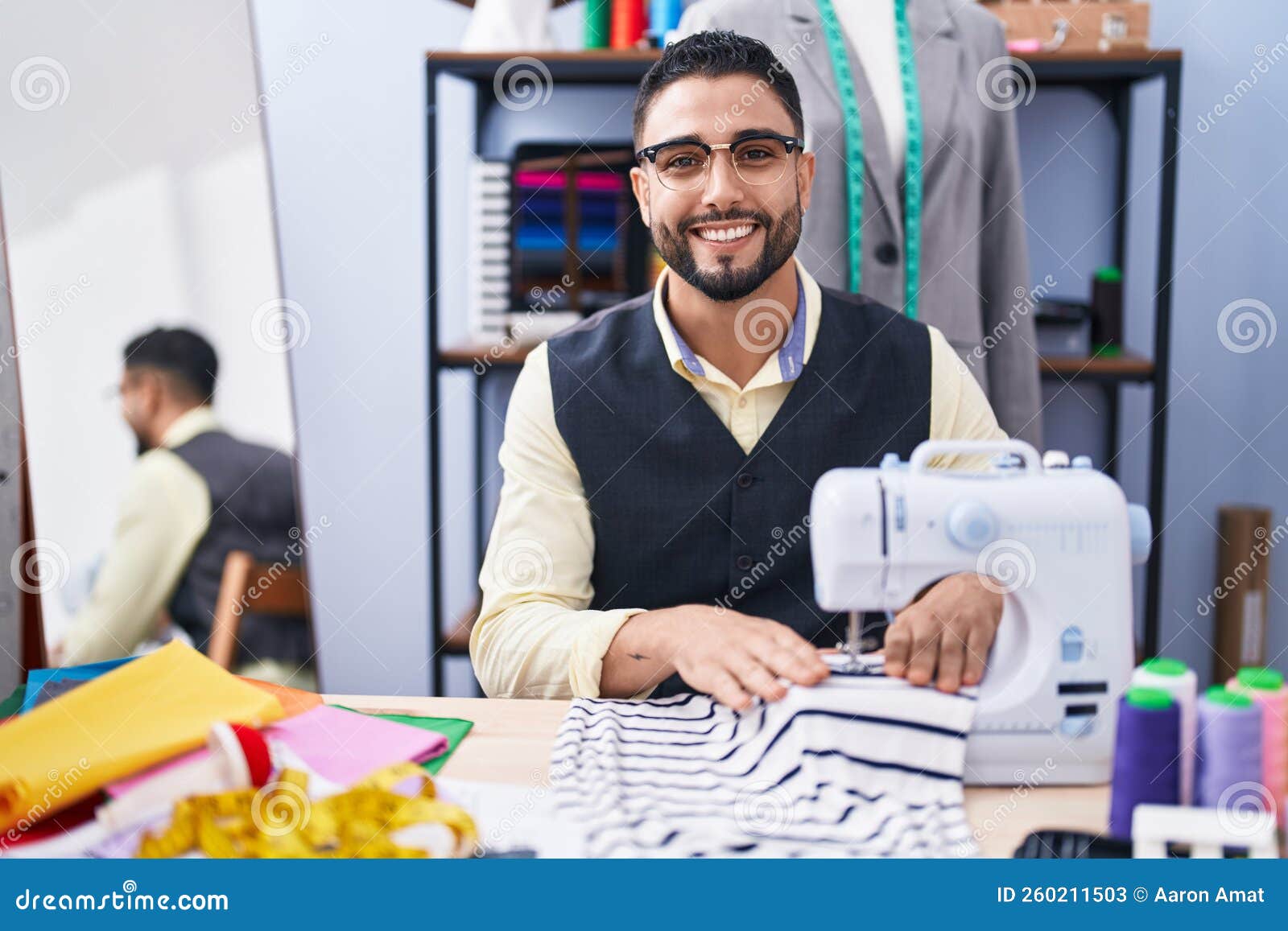 Young Arab Man Tailor Smiling Confident Using Sewing Machine at ...